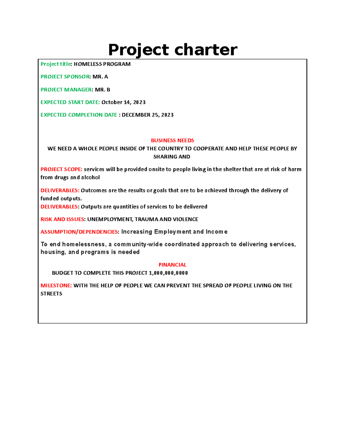 Project charter - i need this - Project charter Project title: HOMELESS ...