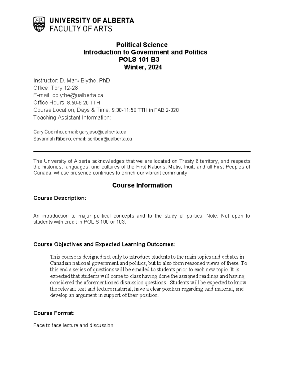 Course outline - Political Science Introduction to Government and ...