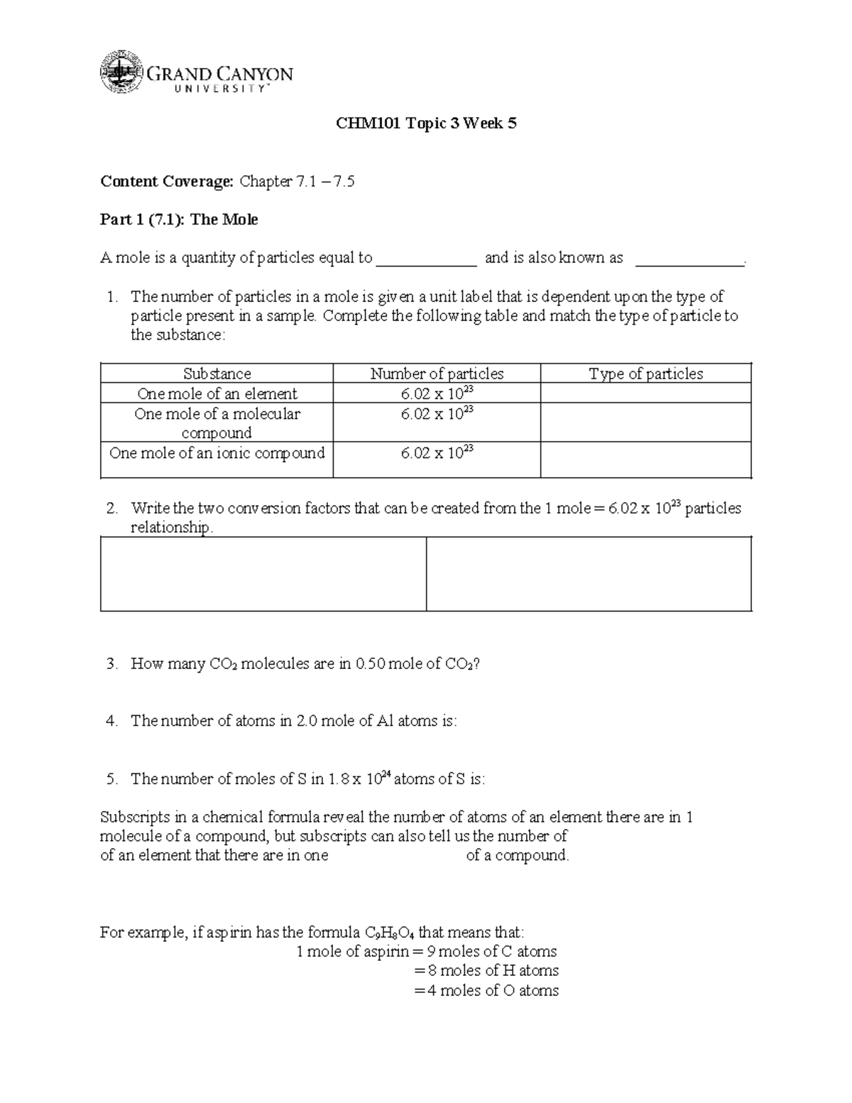 CHM 101 Topic 3 Week 5 Worksheet - CHM101 Topic 3 Week 5 Content Coverage: Chapter 7 – 7. Part 1 ...