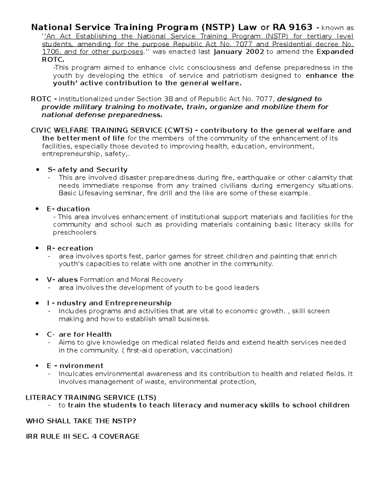 NSTP - midterms reviewer - National Service Training Program (NSTP) Law ...