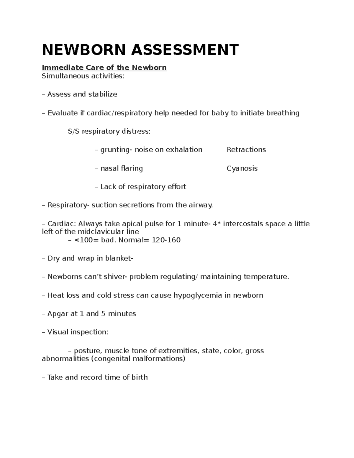 Newborn Assessment - notes - NEWBORN ASSESSMENT Immediate Care of the ...
