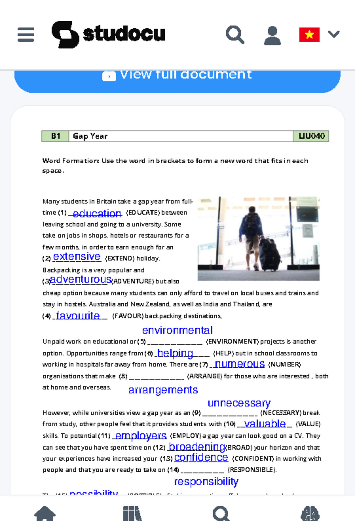 Liu040-gap-year - gap filling - english-practice B1 Gap Year LIU Word Formation Use the word in ...