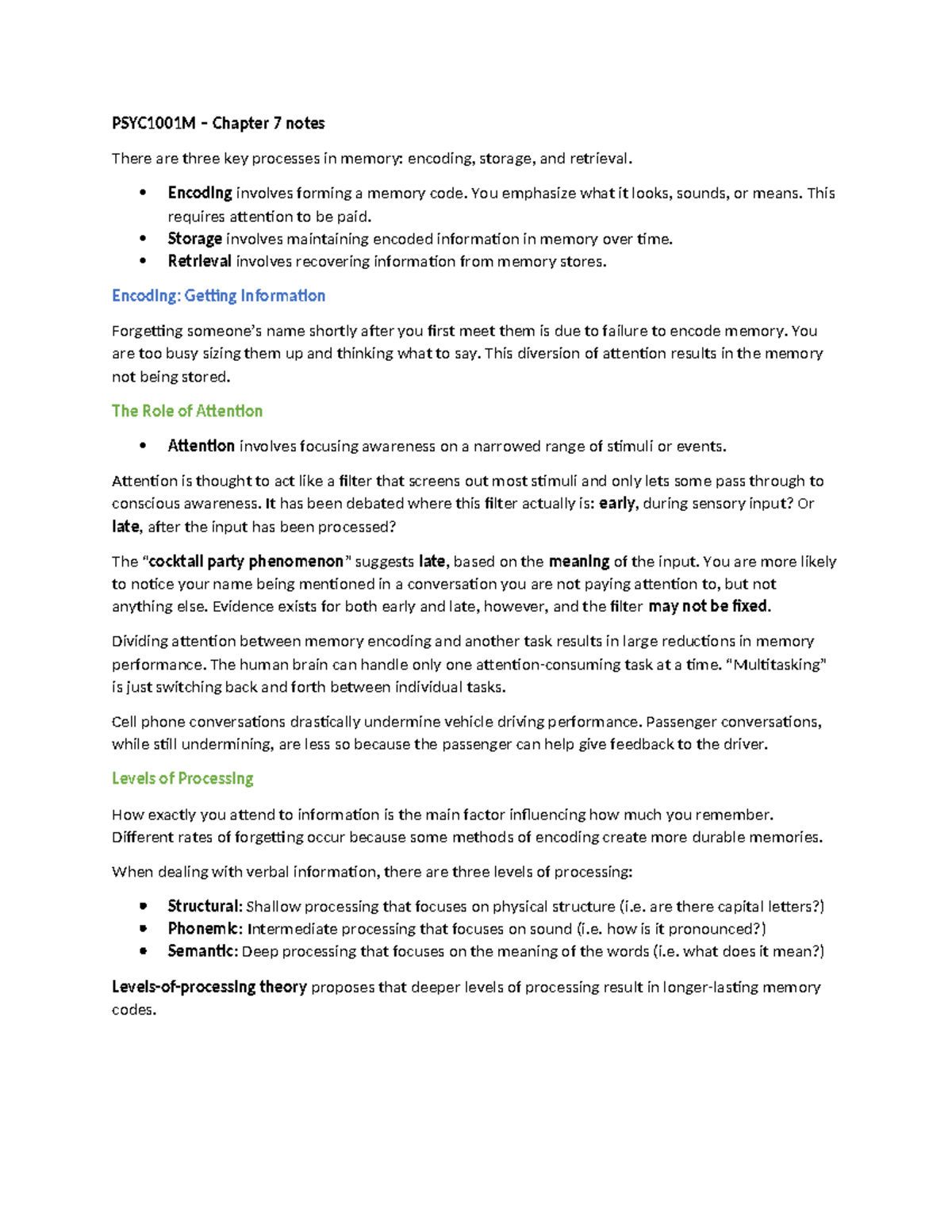 Chapter 7 notes - PSYC1001M – Chapter 7 notes There are three key ...