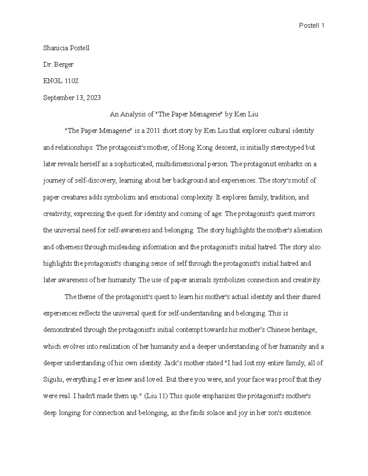 The Paper Menagerie by Ken Liu - Shanicia Postell Dr. Berger ENGL 1102 ...