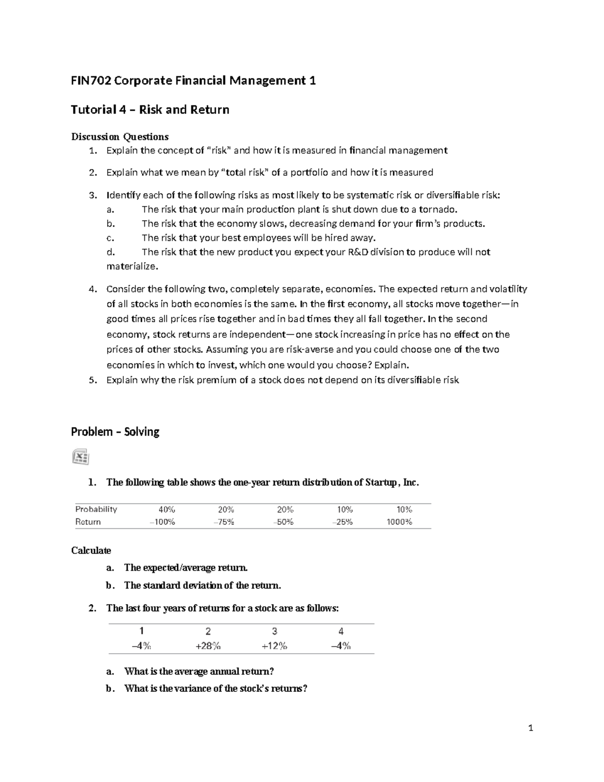 FIN702 Tutorial 4 Questions - FIN702 Corporate Financial Management 1 ...