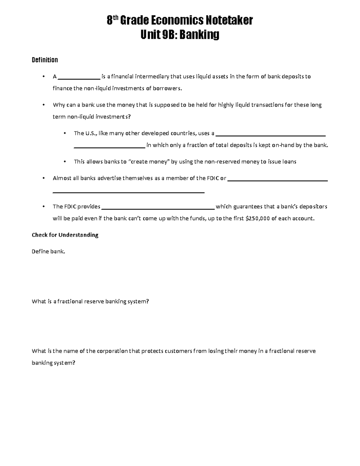 Unit 9B Banking - school material - 8 th Grade Economics Notetaker Unit ...