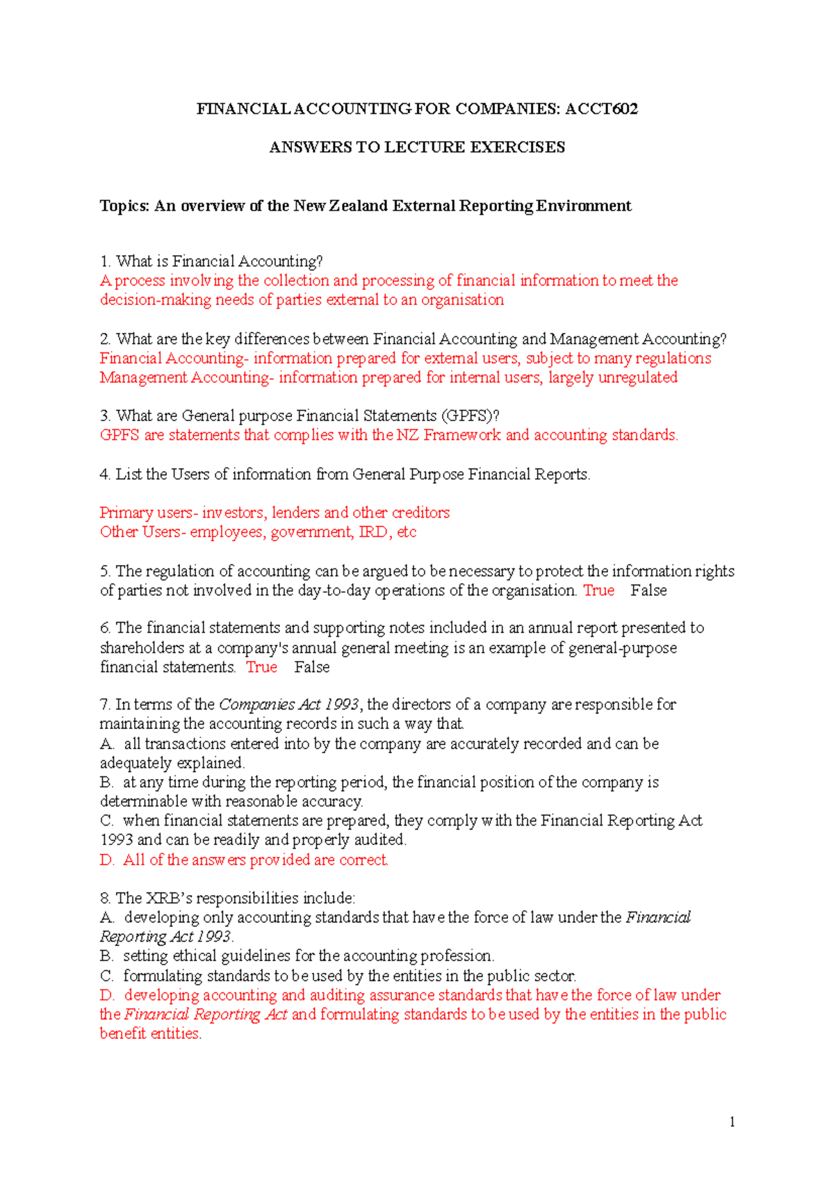 Lecture Exercise answers - FINANCIAL ACCOUNTING FOR COMPANIES: ACCT ...