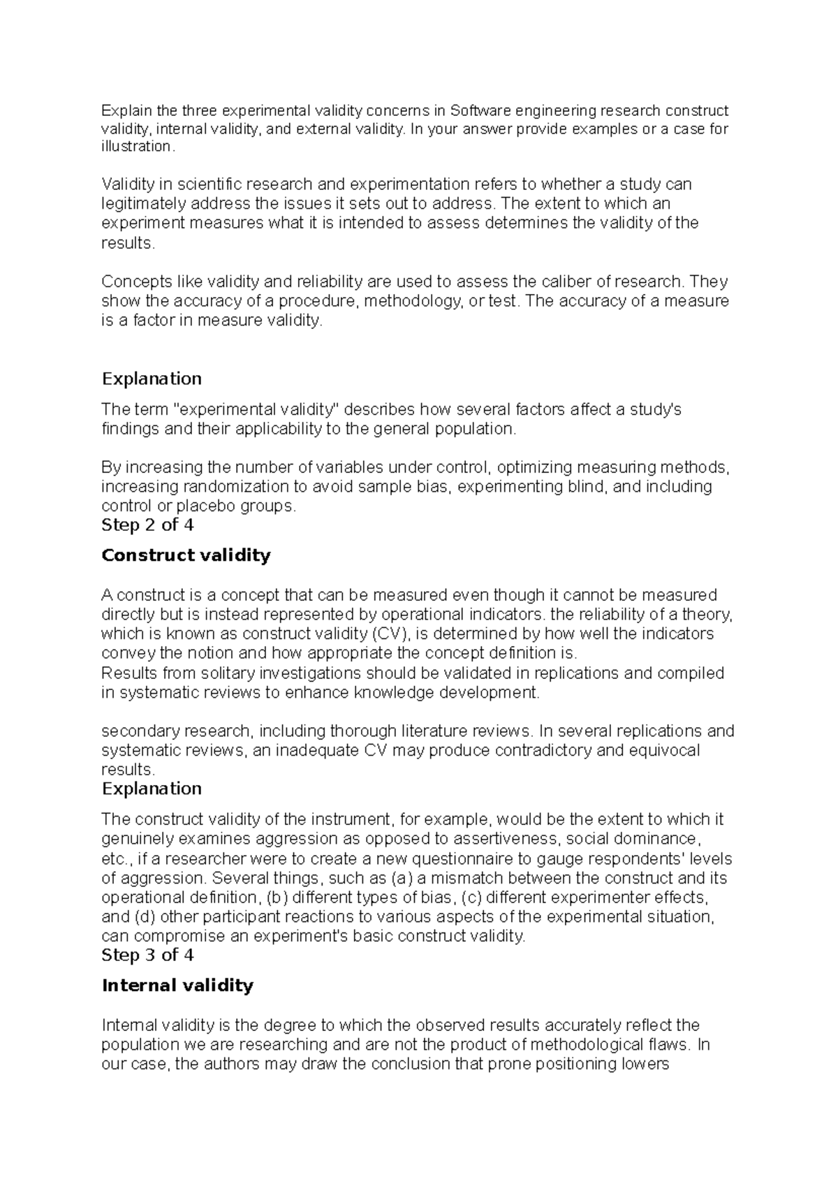 Explain the three experimental validity concerns in Software engineering research construct ...