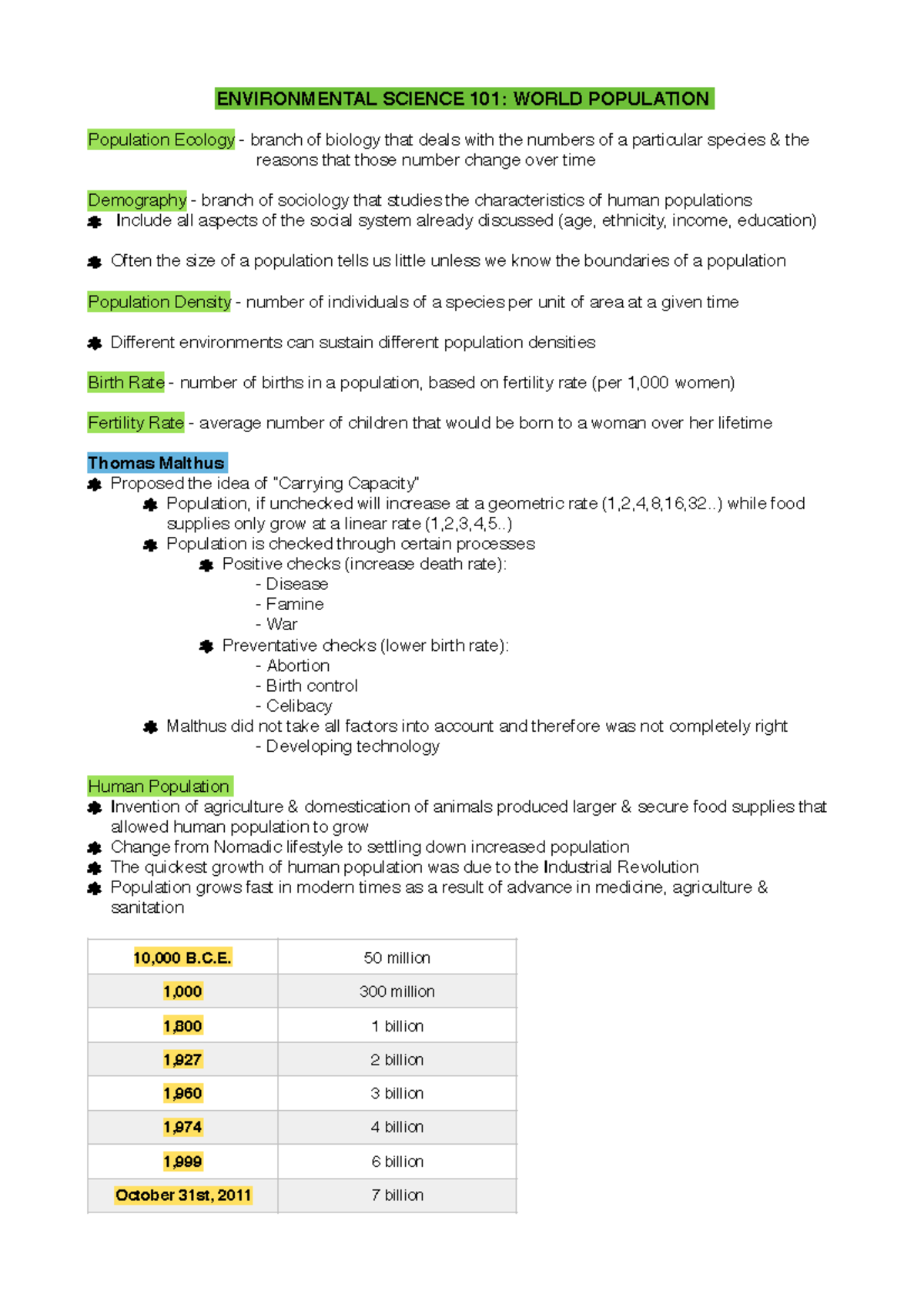 World Population Notes - ENVIRONMENTAL SCIENCE 101: WORLD POPULATION ...
