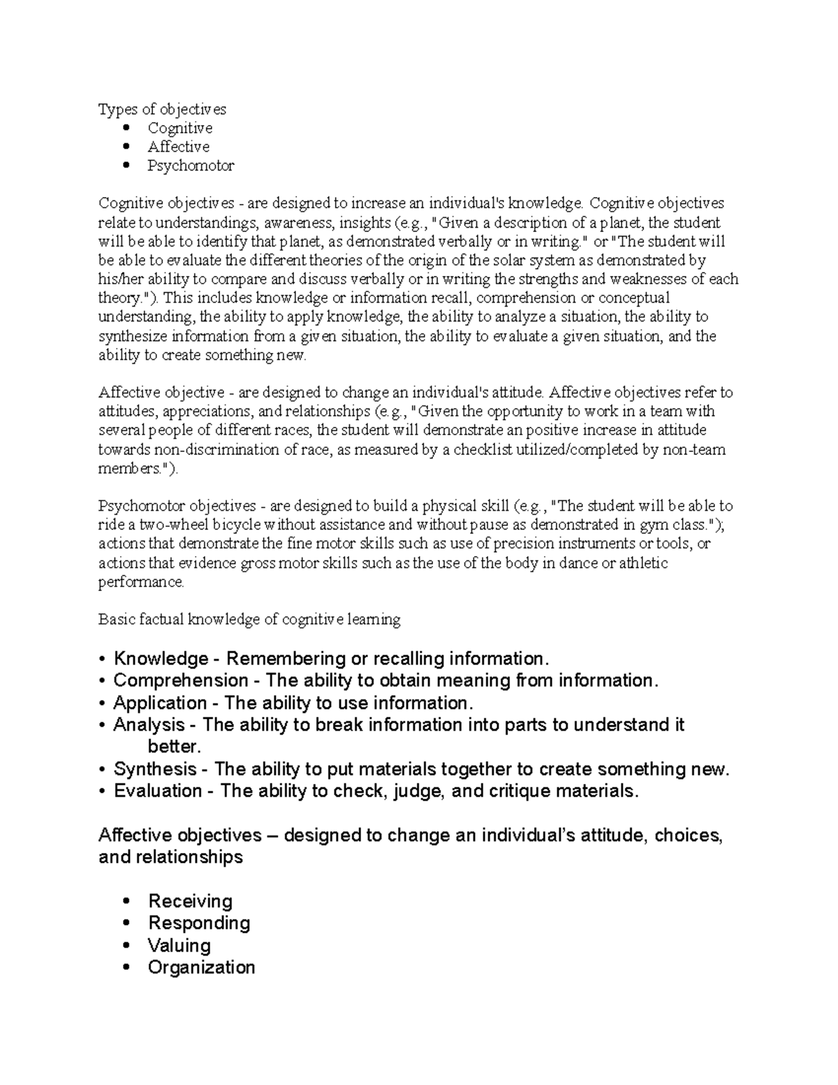 Types of objectives - Cognitive objectives relate to understandings ...