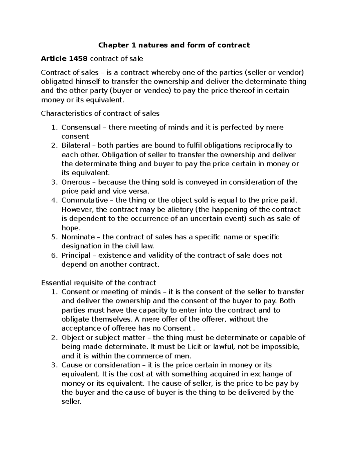 Law on Sales - Chapter 1 natures and form of contract Article 1458 ...