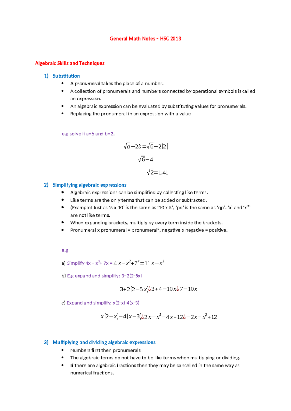 Maths General Notes - General Math Notes – HSC 2013 Algebraic Skills ...