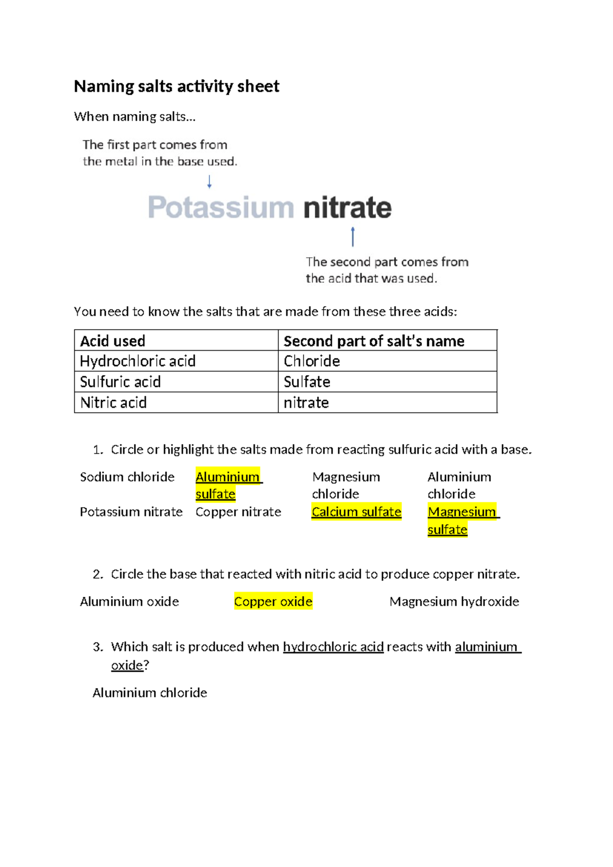 Science sheet - Naming salts activity sheet When naming salts... You ...