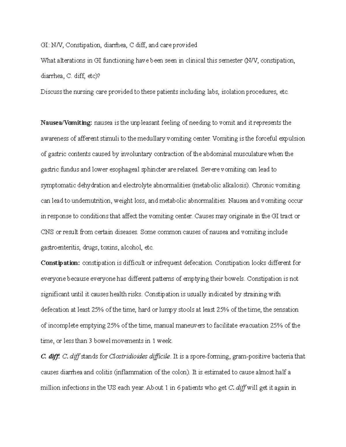 10-19-22 Post Conference Objectives - GI: N/V, Constipation, diarrhea ...