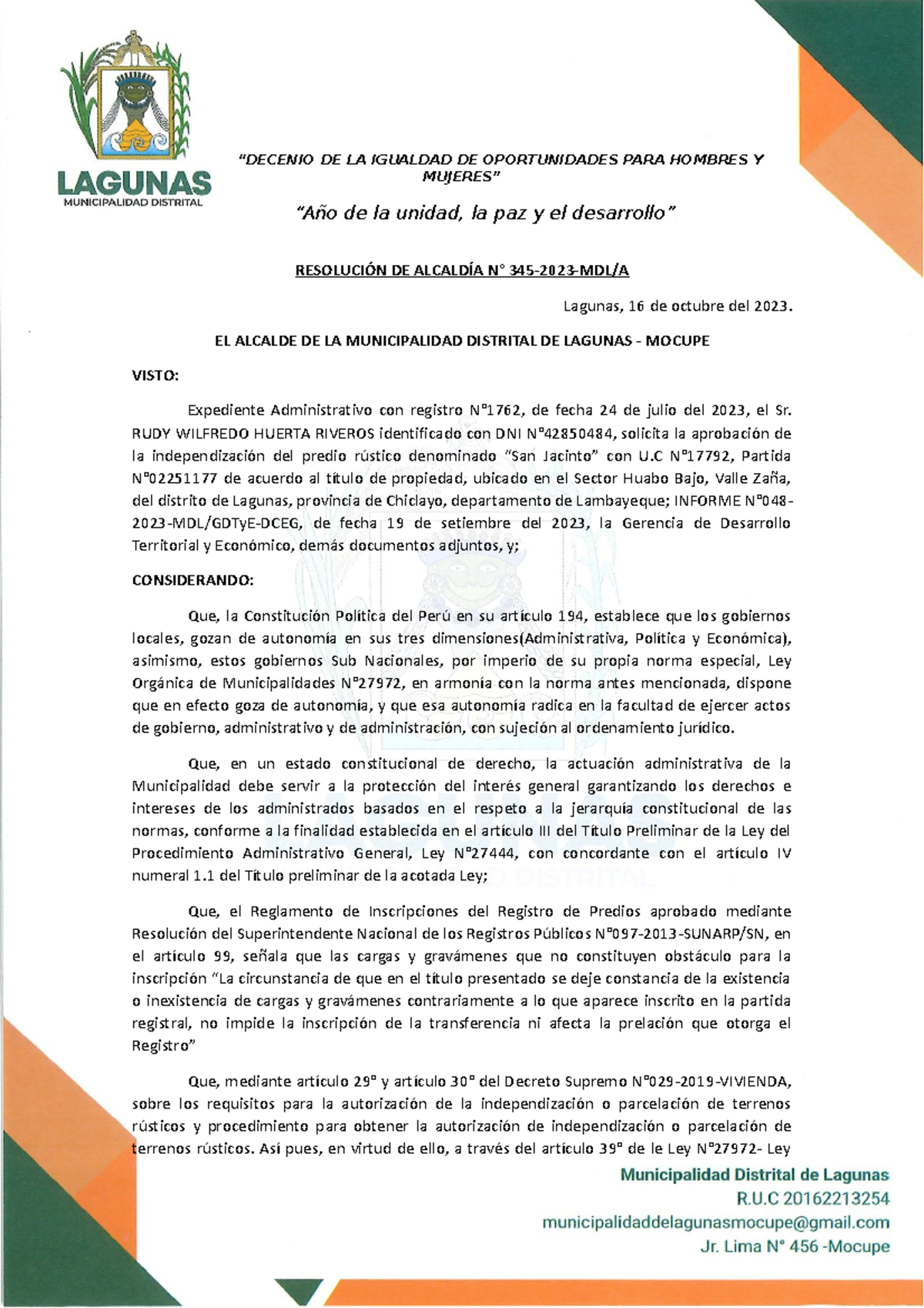 Resolución DE Independización DEL Predio Rústico - MUJERES” “Año de la ...