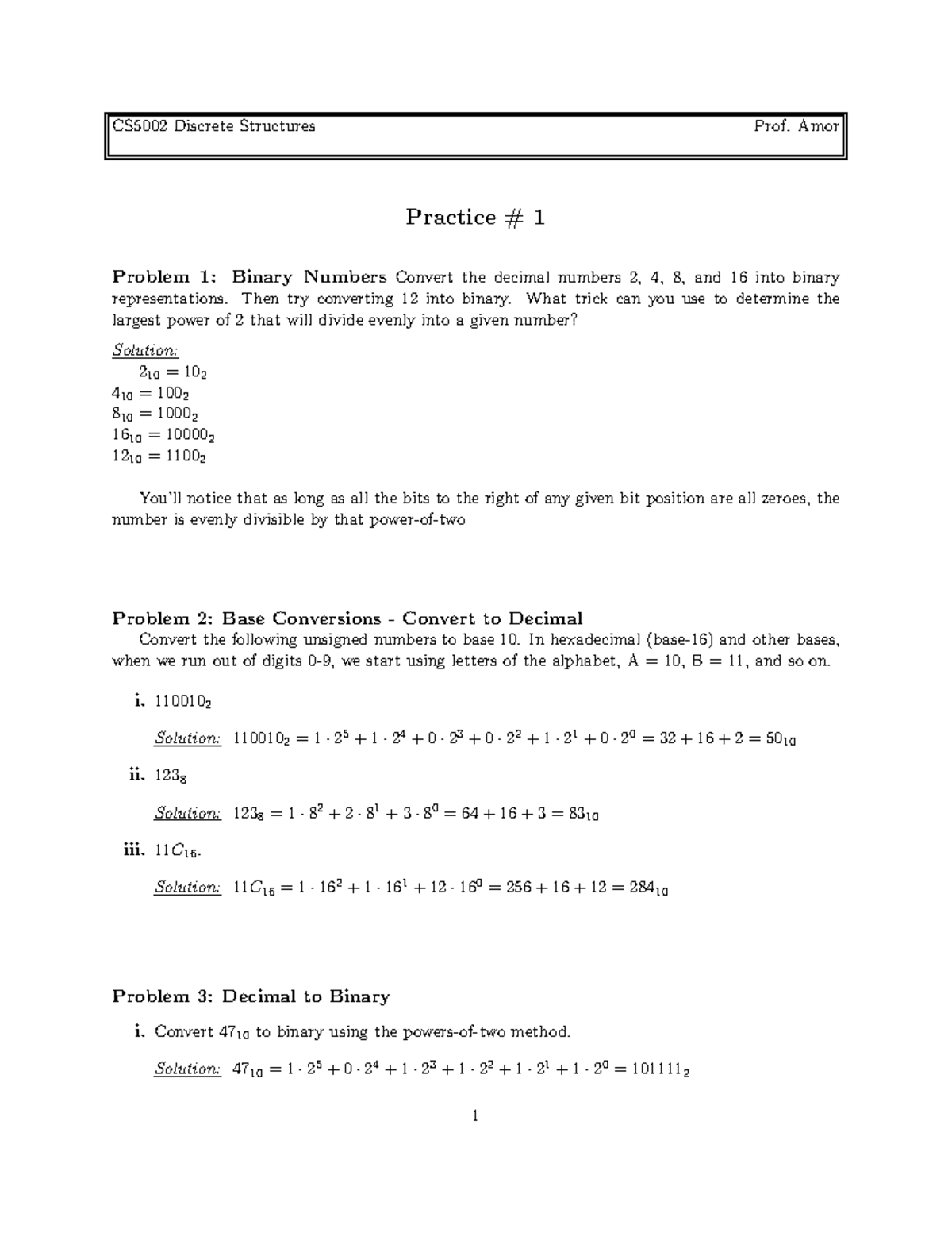 Practice 01 sol - CS5002 Discrete Structures Prof. Amor Practice # 1 Problem 1: Binary - Studocu