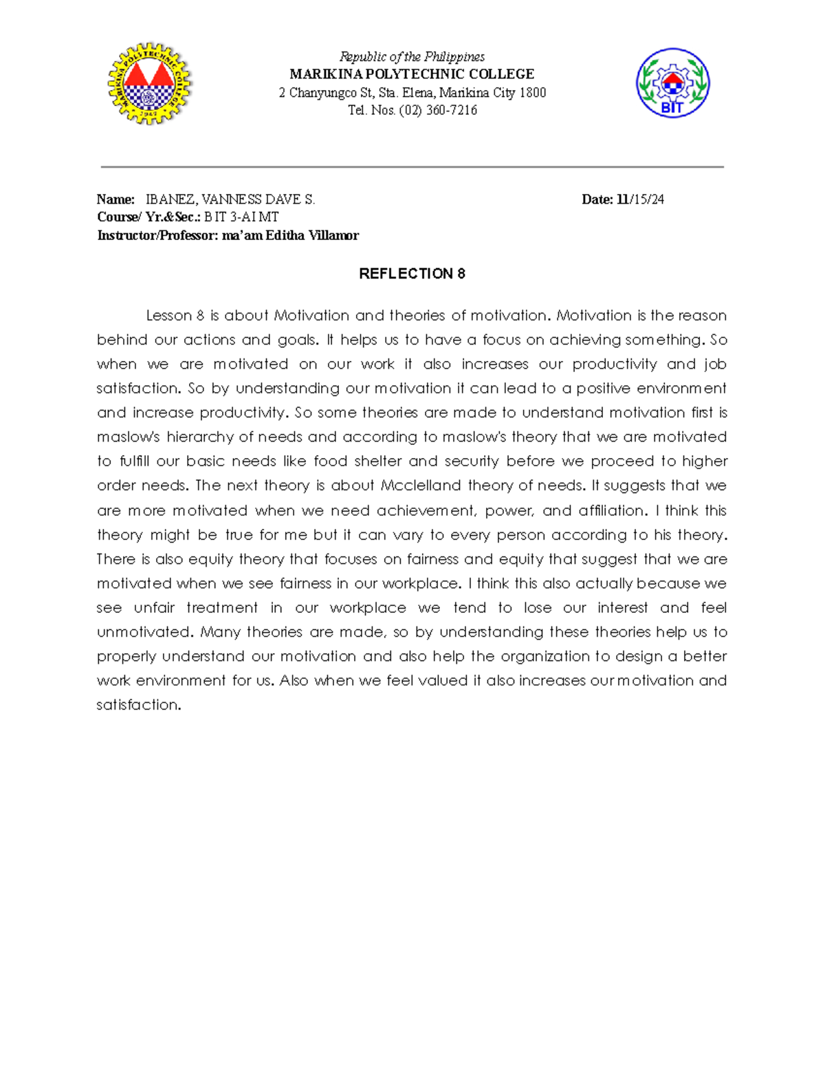 Reflection 8 - note - Republic of the Philippines MARIKINA POLYTECHNIC ...