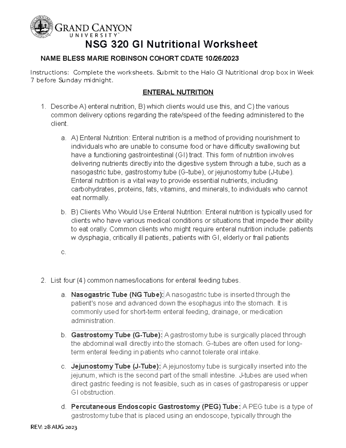 Assign NSG 320 Topic 7-8 GI Nutrition Worksheet- Student - NSG 320 GI ...