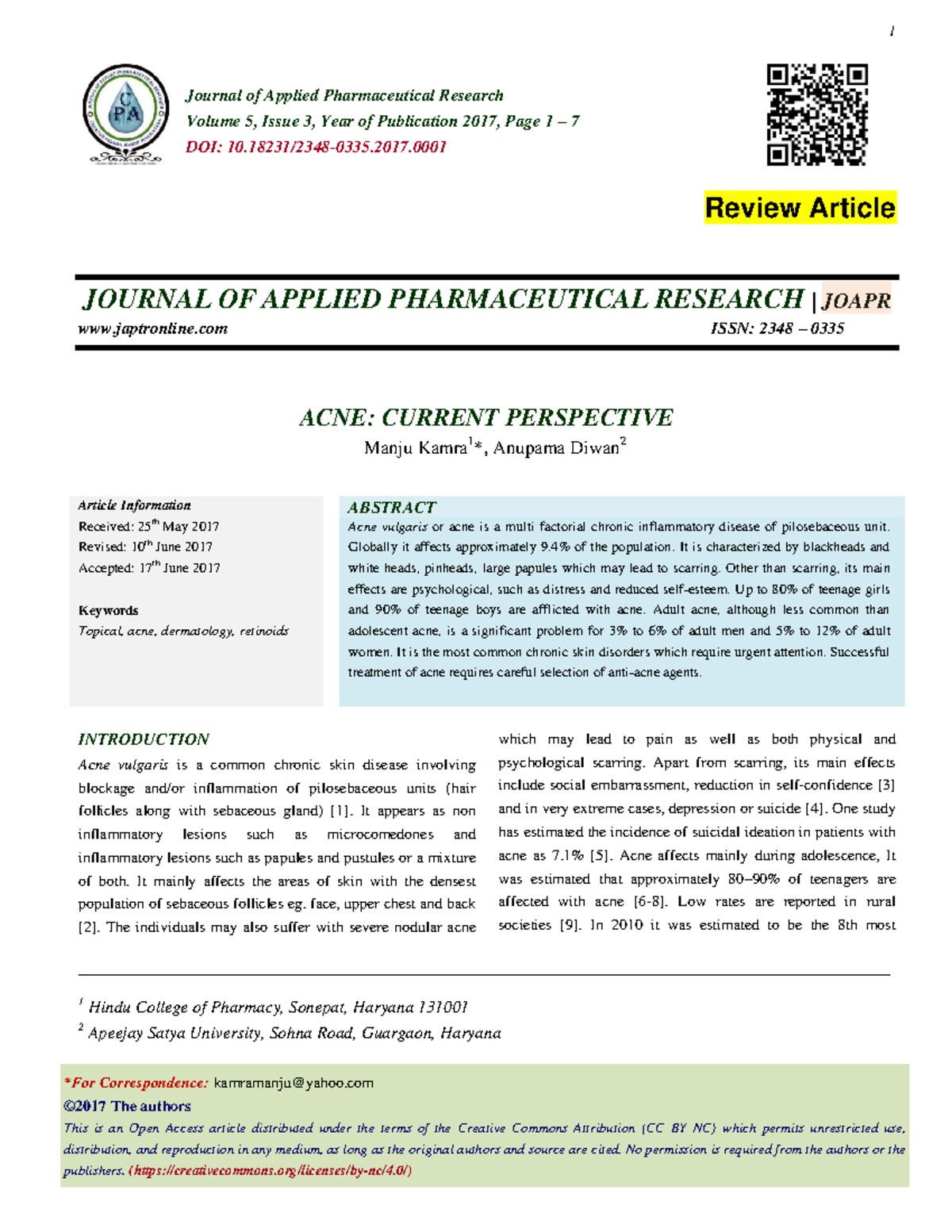32008 1 acne current perspective 3e789015 - 1 *For Correspondence: kamramanju@yahoo ©2017 The ...