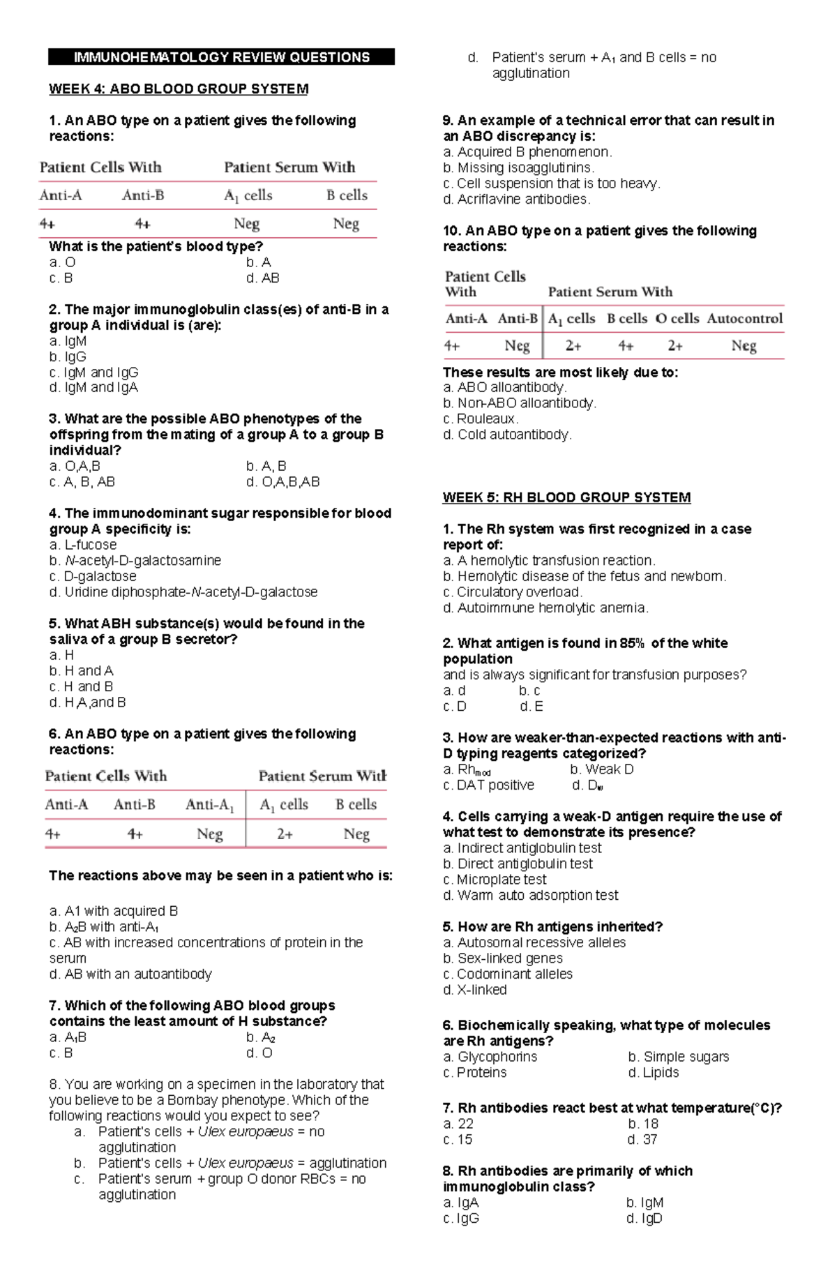 Immunohematology Review Questions - IMMUNOHEMATOLOGY REVIEW QUESTIONS ...