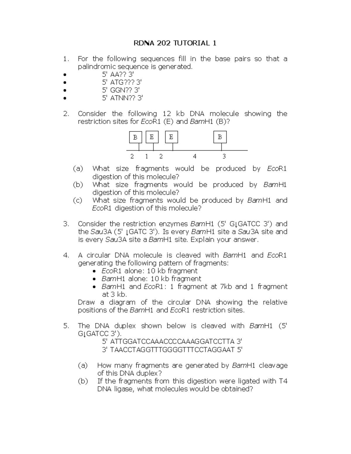 RDNA 202 Tutorial 2 - RDNA 202 TUTORIAL 1 For the following sequences fill in the base pairs so ...