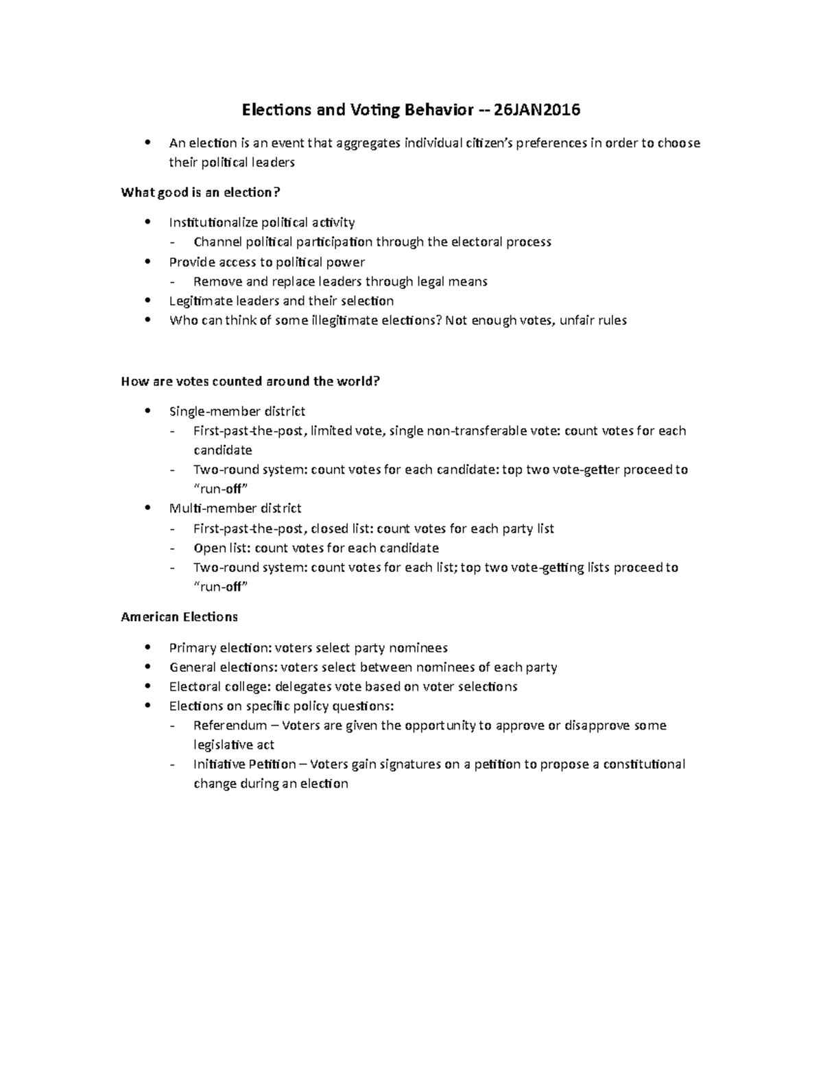 GV101 week 18 (26 - revision notes - Elections and Voting Behavior ...