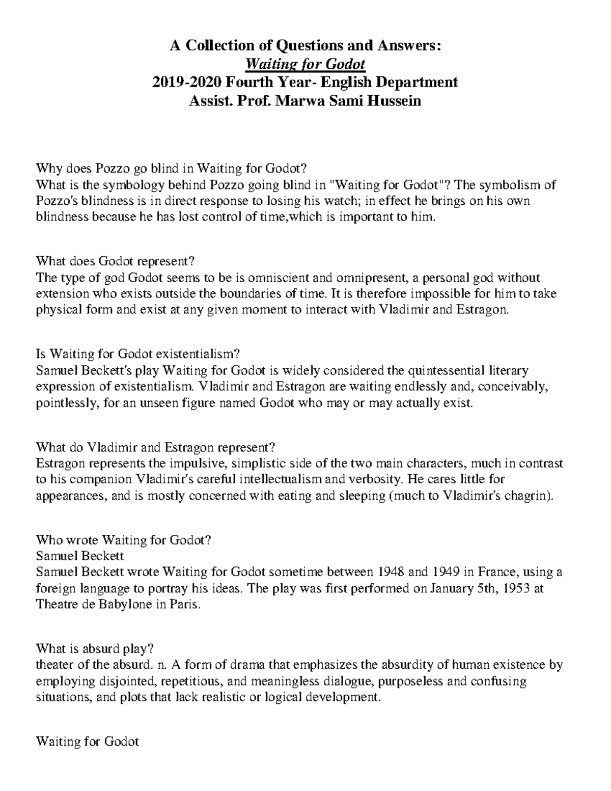 A Collection of Questions and Answers: Waiting for Godot - A Collection ...