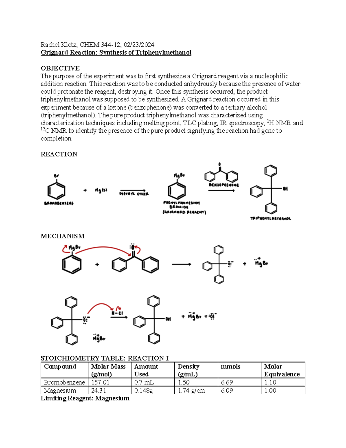 CHEM 344-12 Experiment 6 Lab Report - Rachel Klotz, CHEM 344-12, 02/23 ...