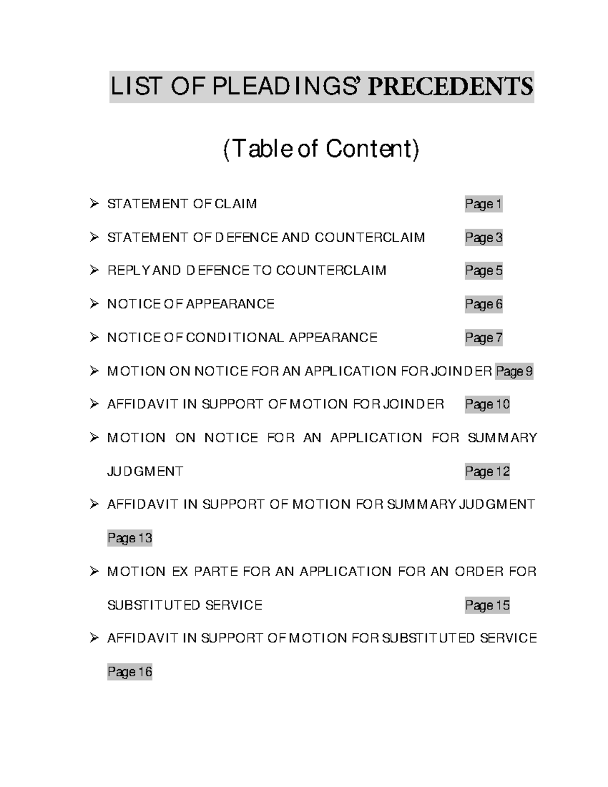 Civil Pro Draftings - LIST OF PLEADINGS (Table of Content) STATEMENT OF ...