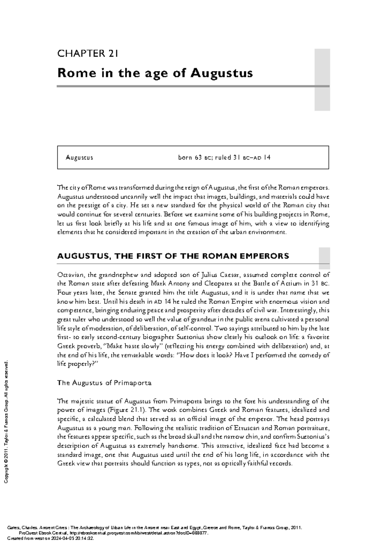 Classics 2500 - Chapter 21 - CHAPTER 21 Rome in the age of Augustus The ...