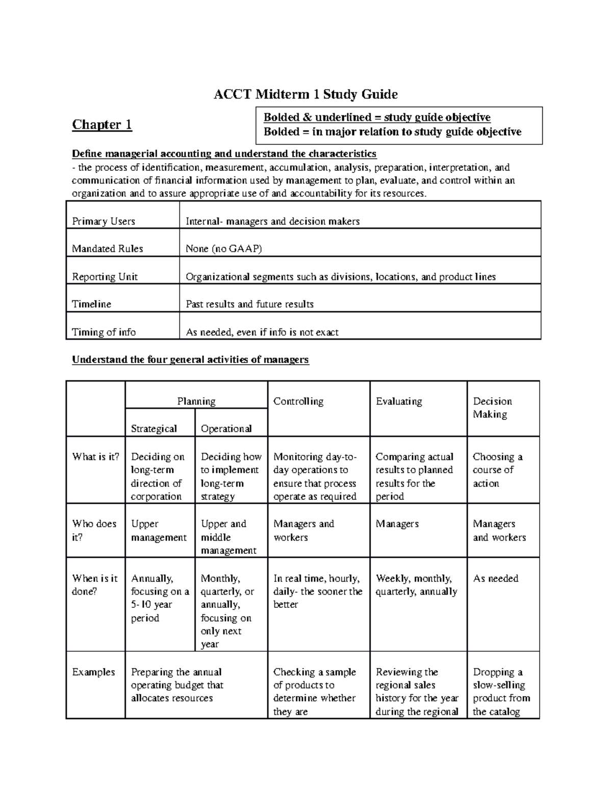 Midterm 1 Study Guide copy - ACCT Midterm 1 Study Guide Chapter 1 Define managerial accounting ...