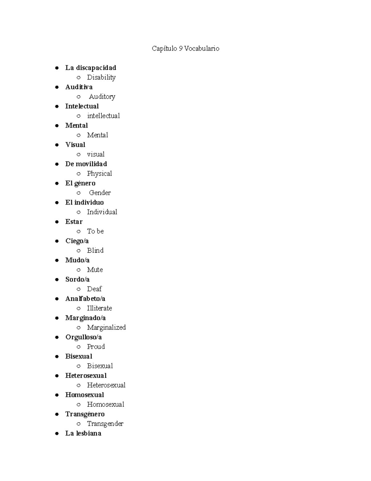 Capítulo 9 Vocabulario - Studocu