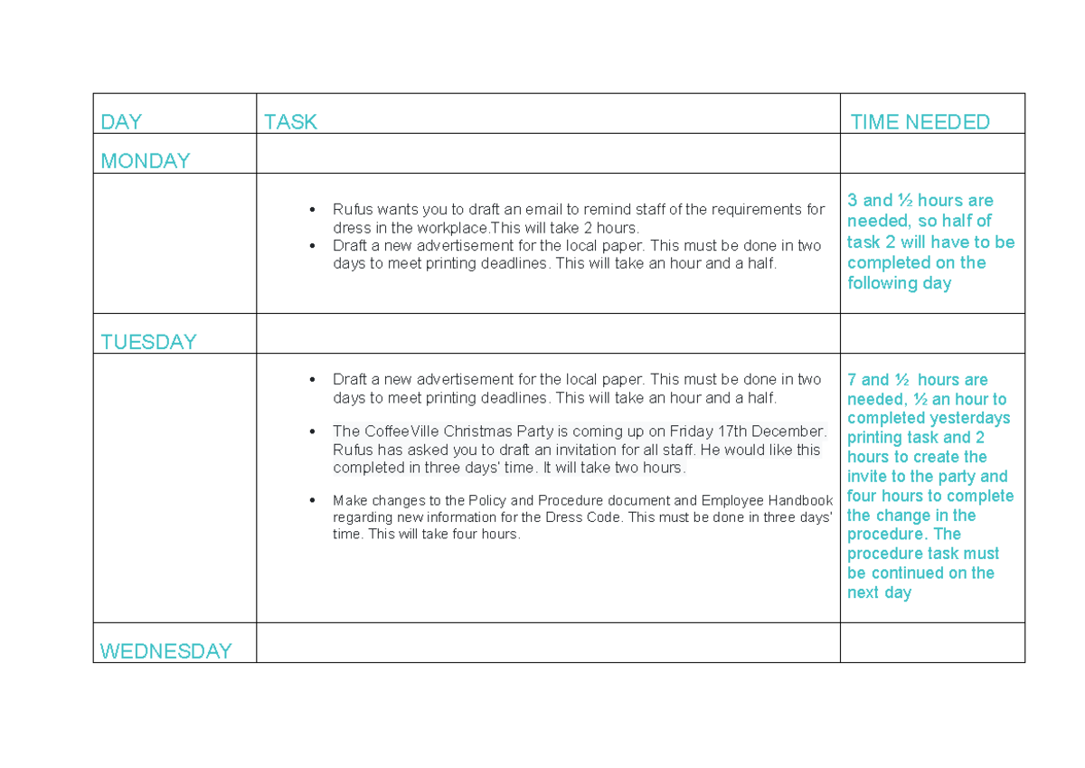 Bsbops 201 Weekly Planner Mariam Siddiqui - DAY TASK TIME NEEDED MONDAY ...