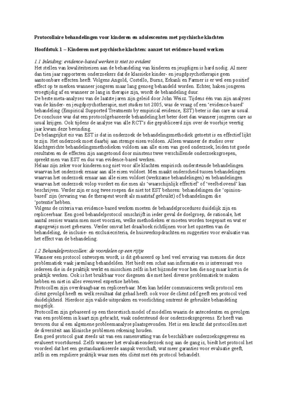 Samenvatting protocollaire behandelingen ... psychische klachten, H 1 t ...