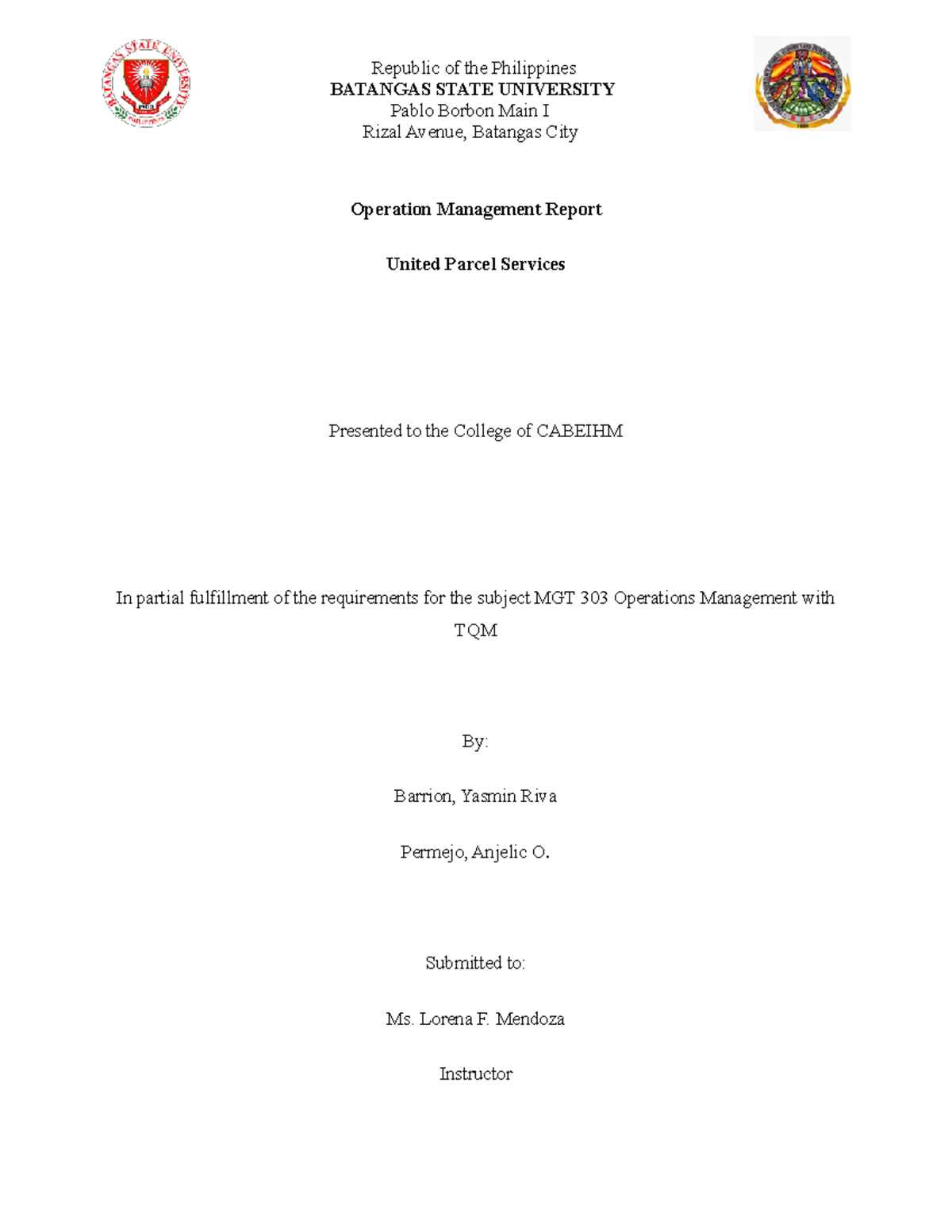United-Parcel-Services case study by Permejo&Barrion - BATANGAS STATE ...