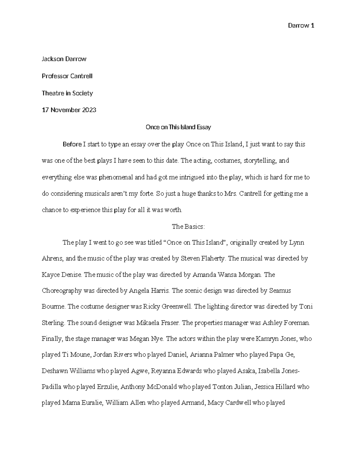 Once - sdfasdf - Jackson Darrow Professor Cantrell Theatre in Society 17 November 2023 Once on ...