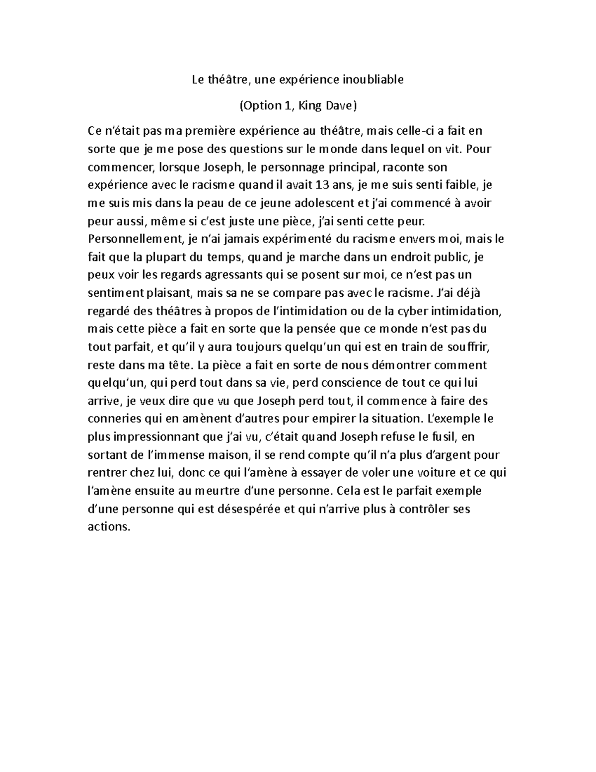 Le théâtre - devoir - Le théâtre, une expérience inoubliable (Option 1 ...