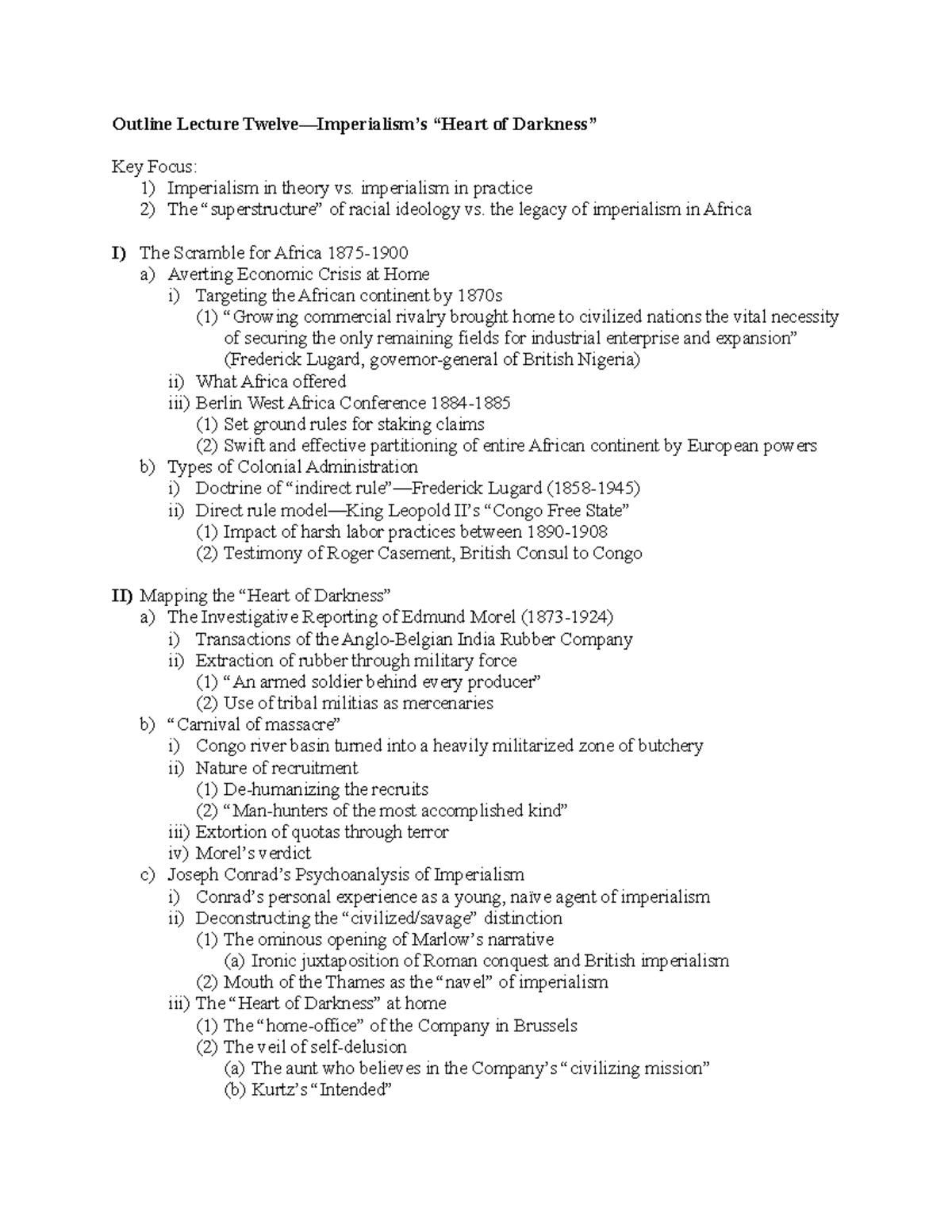 Outline Lecture Twelve—Imperialism’s “Heart of Darkness” - Outline ...