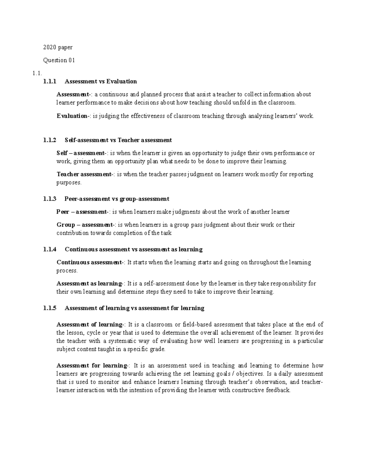 2020 paper MEMO - nono - 2020 paper Question 01 1 Assessment vs ...