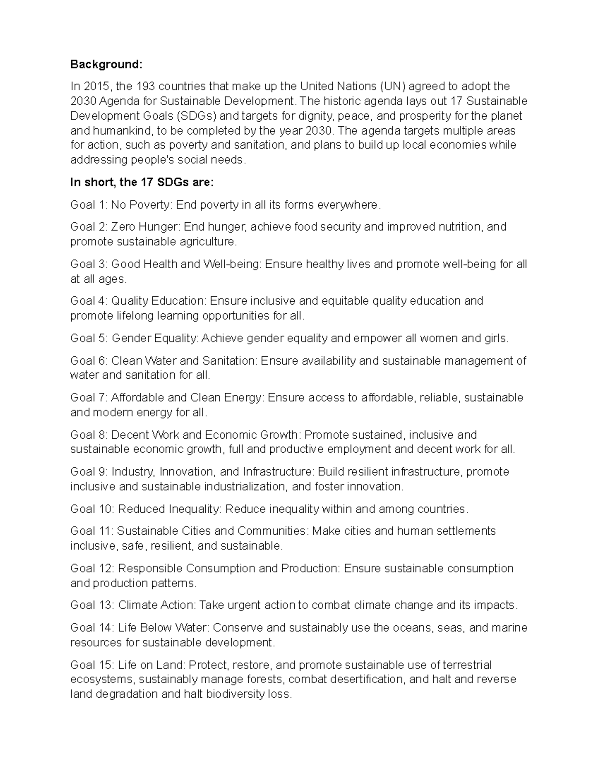UN SDG Assignment - Background: In 2015, the 193 countries that make up ...