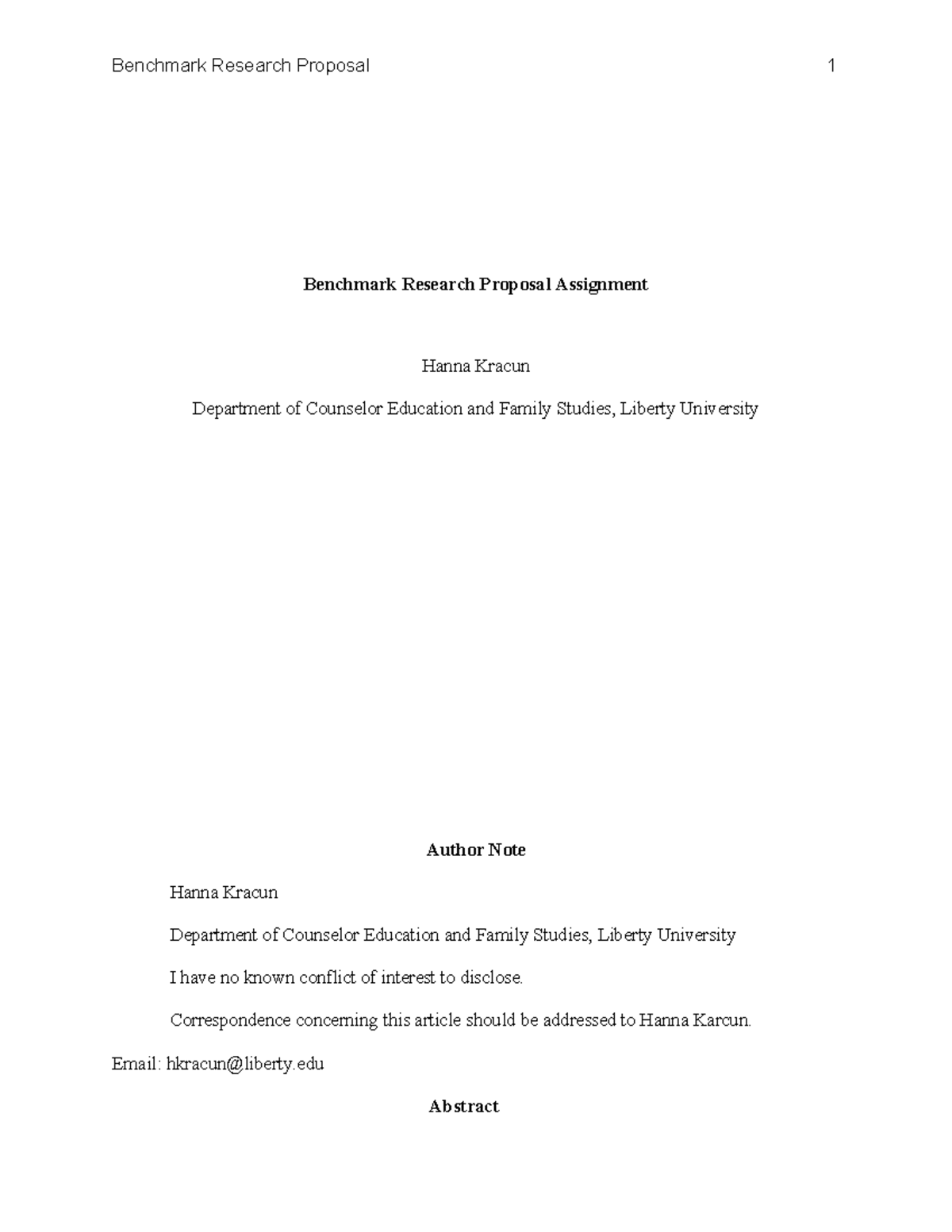 Benchmark Research Proposal Correspondence Concerning This Article Should Be Addressed To