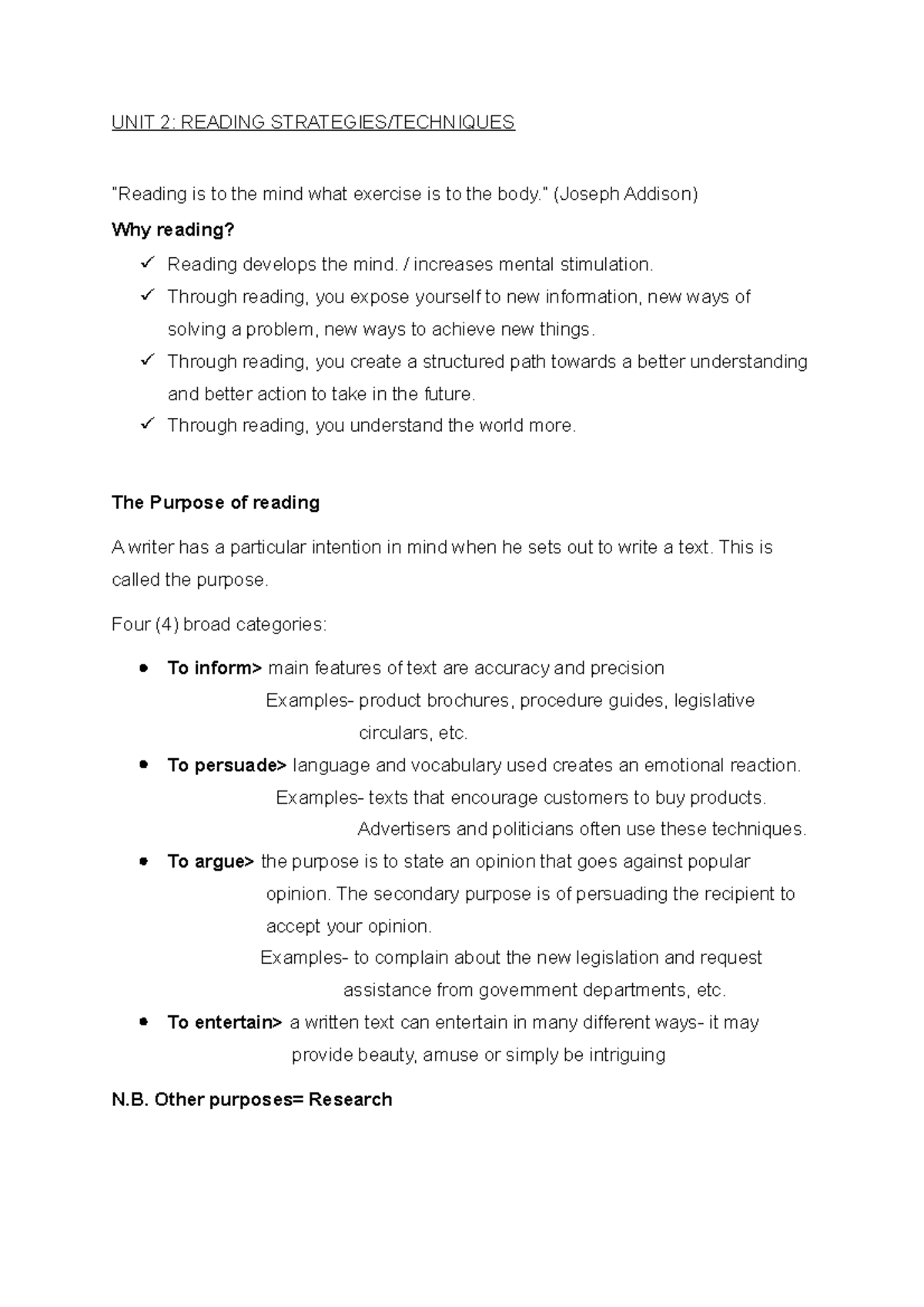 UNIT 2 - ALL THE ASPECTS OF READING - UNIT 2: READING STRATEGIES ...