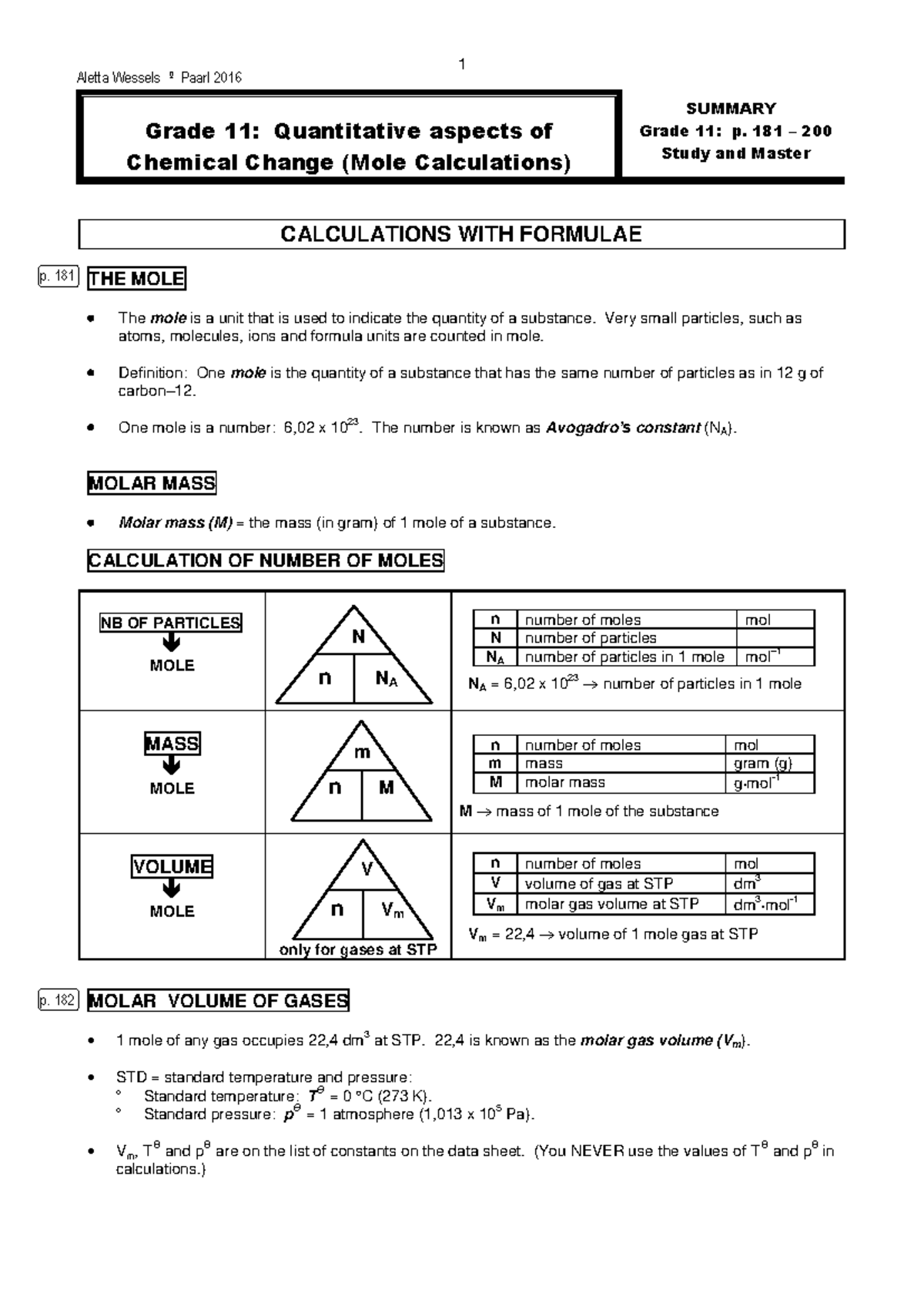 11 mole calculations - Notes - Grade 11: Quantitative aspects of ...