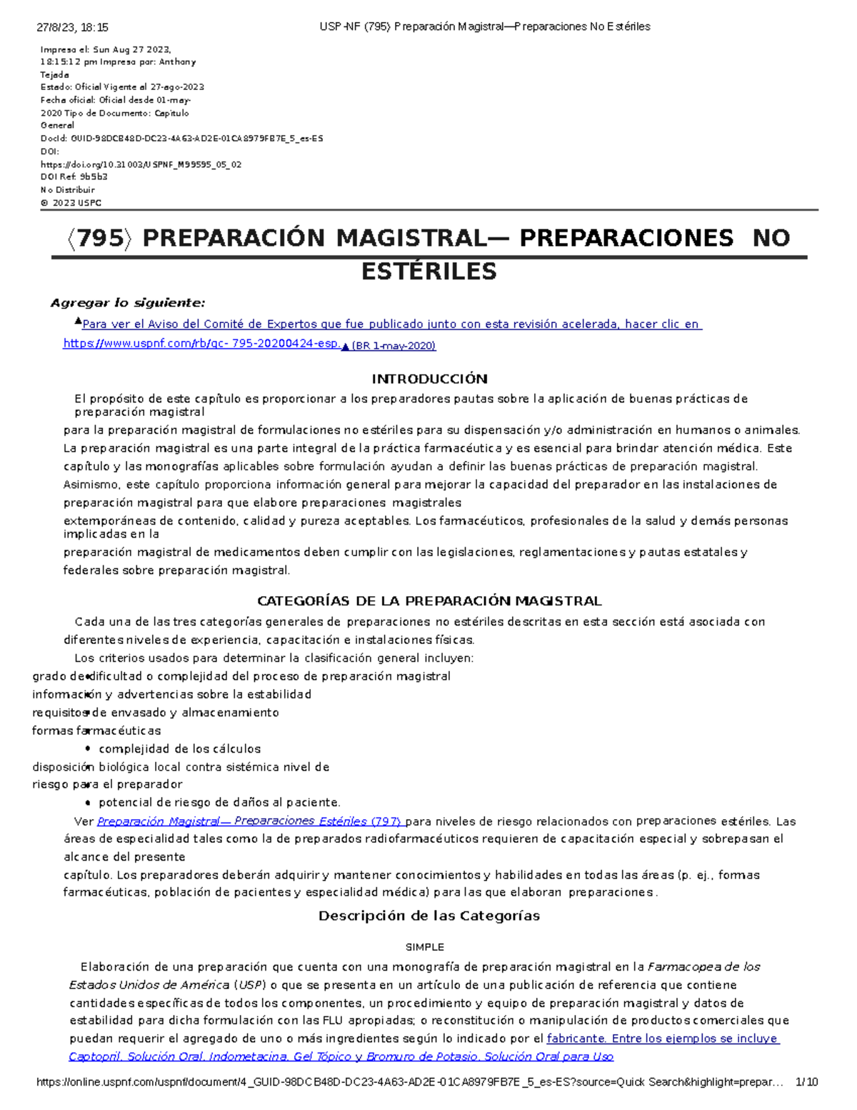 USP-NF 〈795〉 Preparación Magistral—Preparaciones No Estériles - 27/8/23 ...
