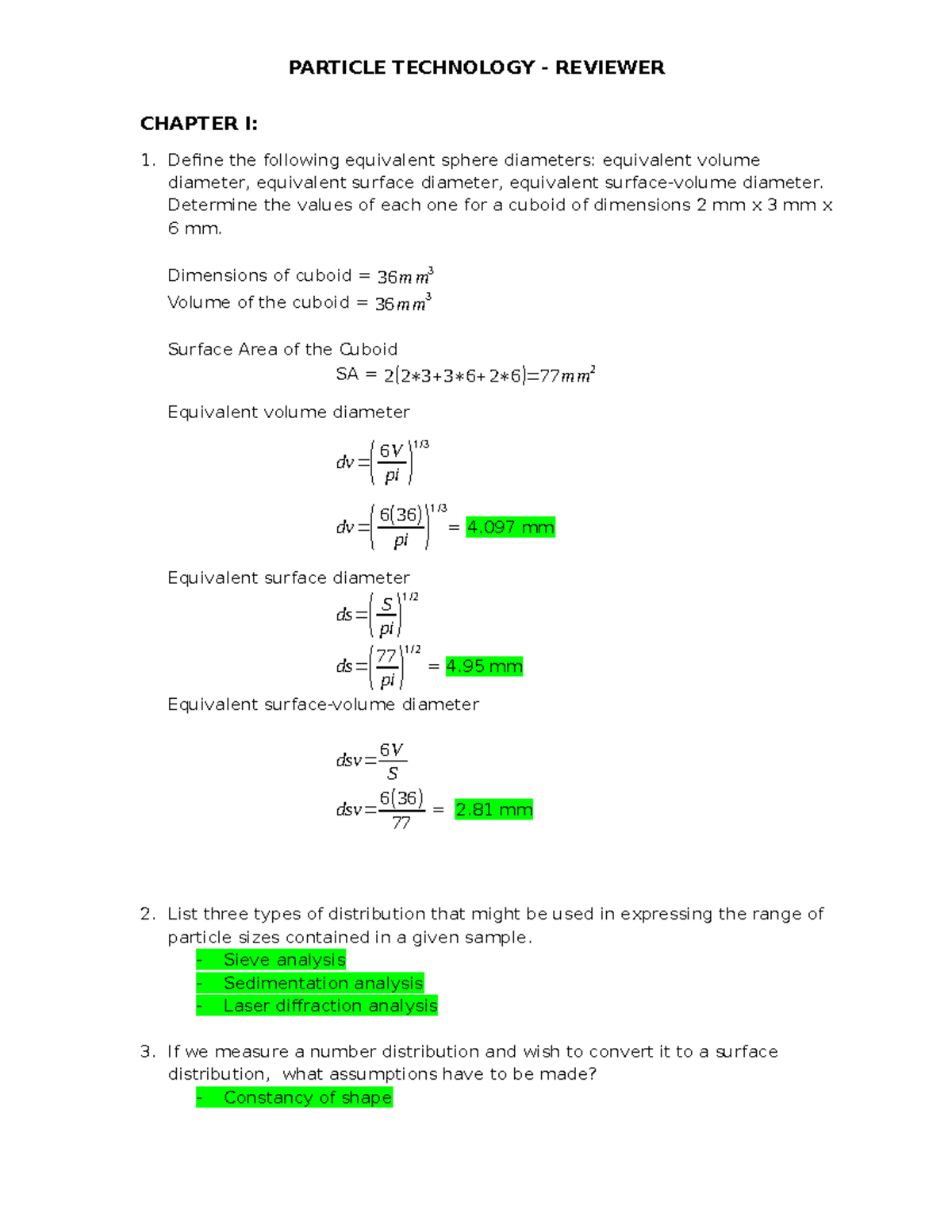 Particle TECH - Reviewer - CHAPTER I: 1. Define the following equivalent sphere diameters: - Studocu