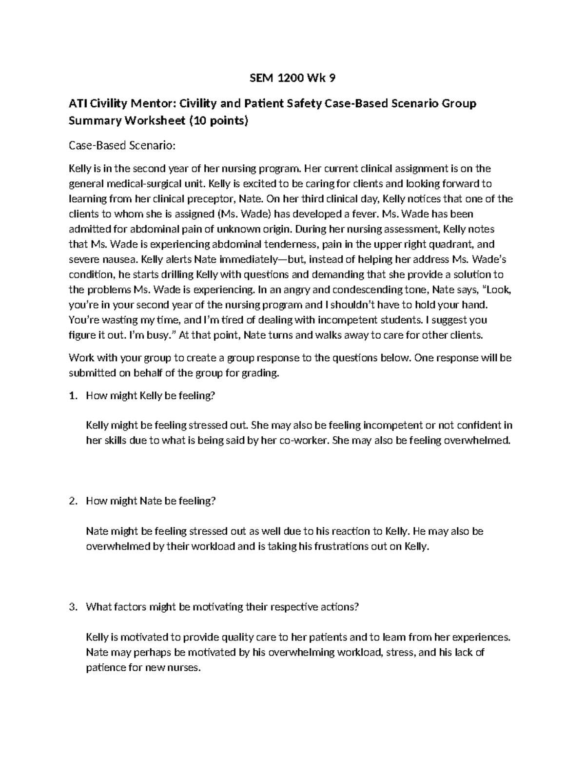 Wk 9 - Worksheet - Civility and Patient Safety Scenario-Group Summary ...