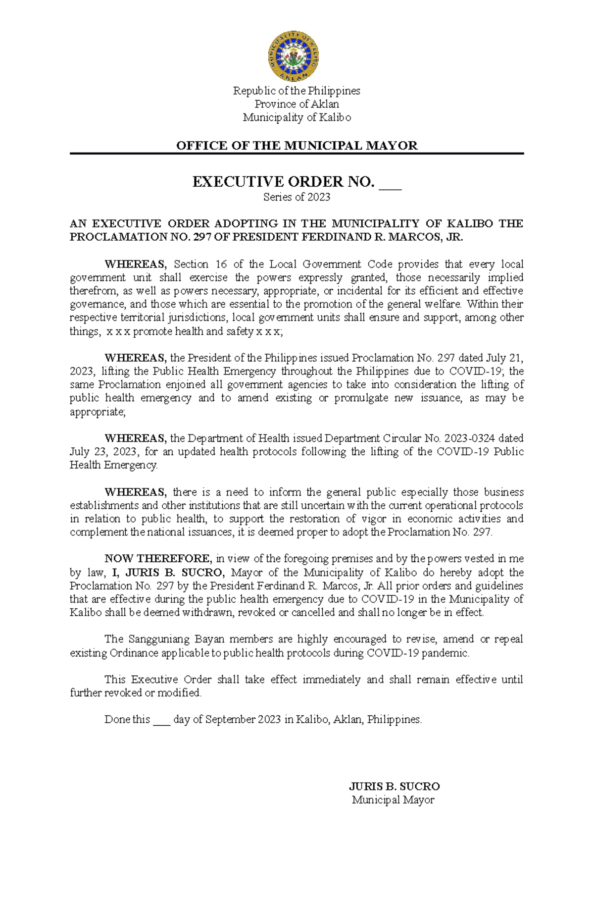 EO Lifting of public health emergency - Republic of the Philippines ...