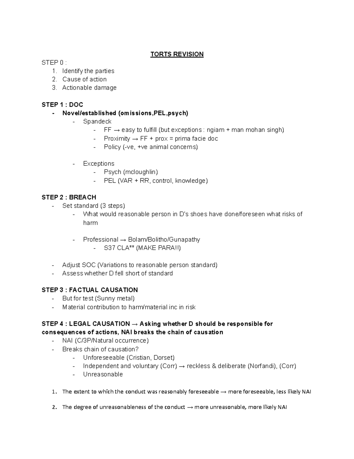 Torts Structure - TORTS REVISION STEP 0 : Identify the parties Cause of ...