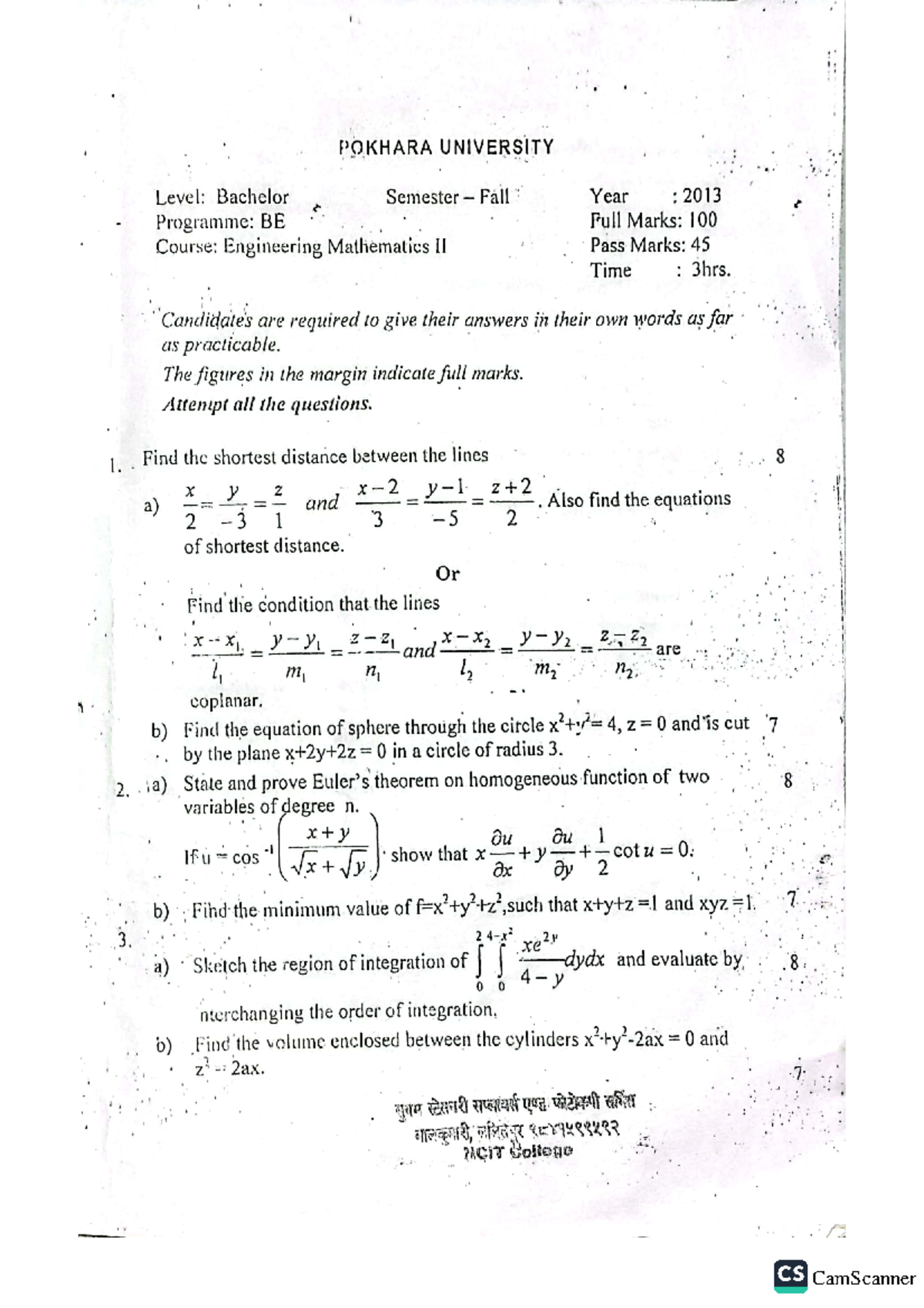 Mathematics Ii Past Question Engineering Mathematics Ii Studocu