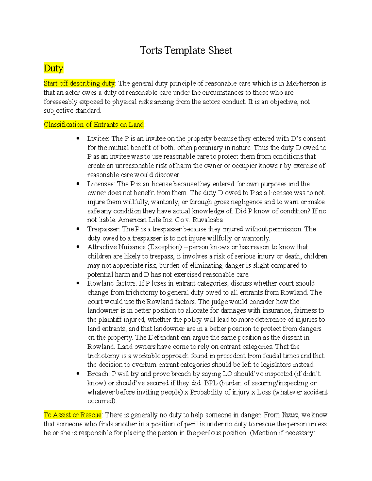 Torts Final Template - Torts Template Sheet Duty Start off describing ...
